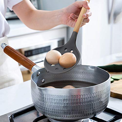 KUFUNG Silicone Skimmer Spoon, BPA-free & Heat resistant up to 480°F, Wooden Handle Silicone Non-Stick Kitchen Slotted Strainer Spoon for Pasta Spaghetti Noodles and Frying (Grey)