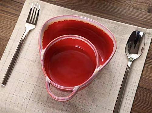 Stoneware Soup & Side, Chips & Dip Bowl Set of 2 by Roe & Moe (Cream and Red)