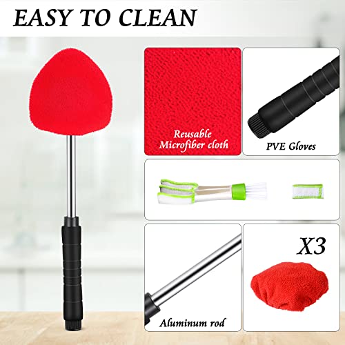 Almcmy Windshield Cleaner Tool, Microfiber Car Window Cleaner with 3 Reusable Microfiber Pads and 1 Air Vent Cleaner, Extendable Handle Car Window Brush Kit for Interior Exterior Use Car Cleaning, Red