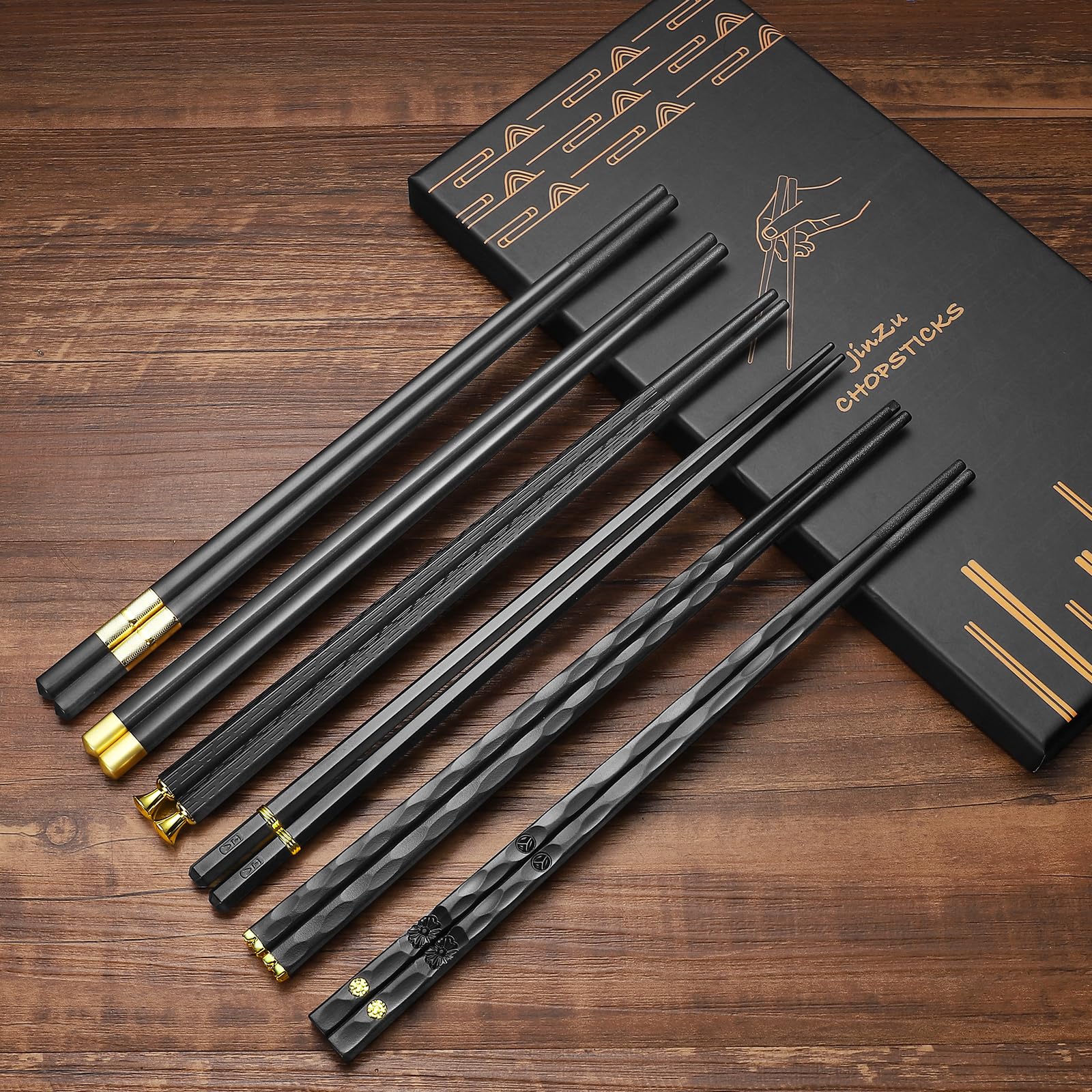 6 Pairs Chopsticks Reusable Fiberglass Chopsticks Dishwasher Safe, 9.6 inch/24.3cm Japanese Chinese Chop Sticks Gift Set (Black&Golden)