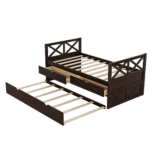 Brisca Twin Size Multi-Functional Daybed with Two Drawers and Trundle,Solid Pine Wood Bed W/X Frame On Side,for Guest Room,Bedroom,Espresso