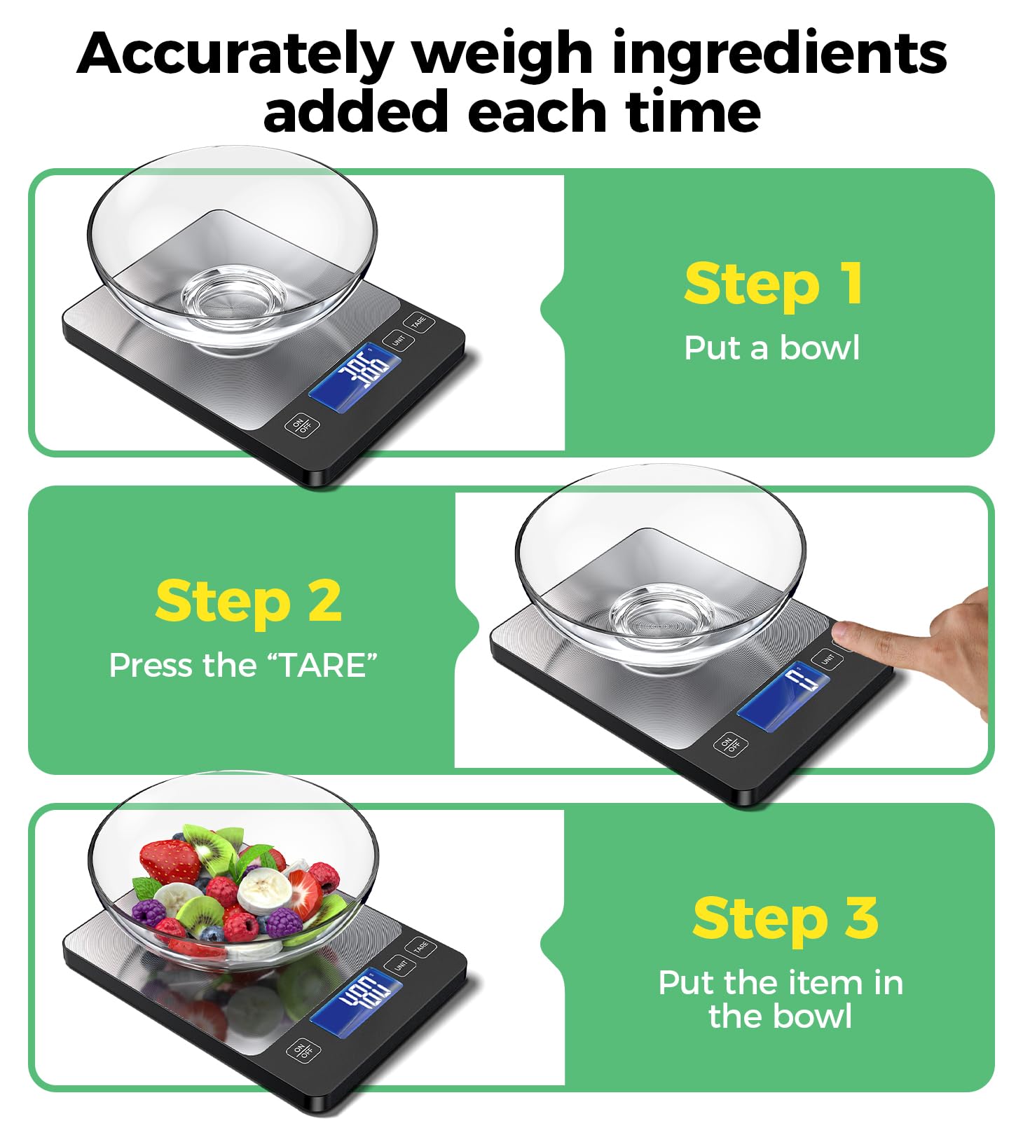 2 in 1 Digital Kitchen Scale for Meal Prep【Dual Power Mode, 33lb Load-Bearing】, Scale for Food Ounces and Grams, CD-Grain Design, Stainless Steel, Easy to Clean-BOSINTY