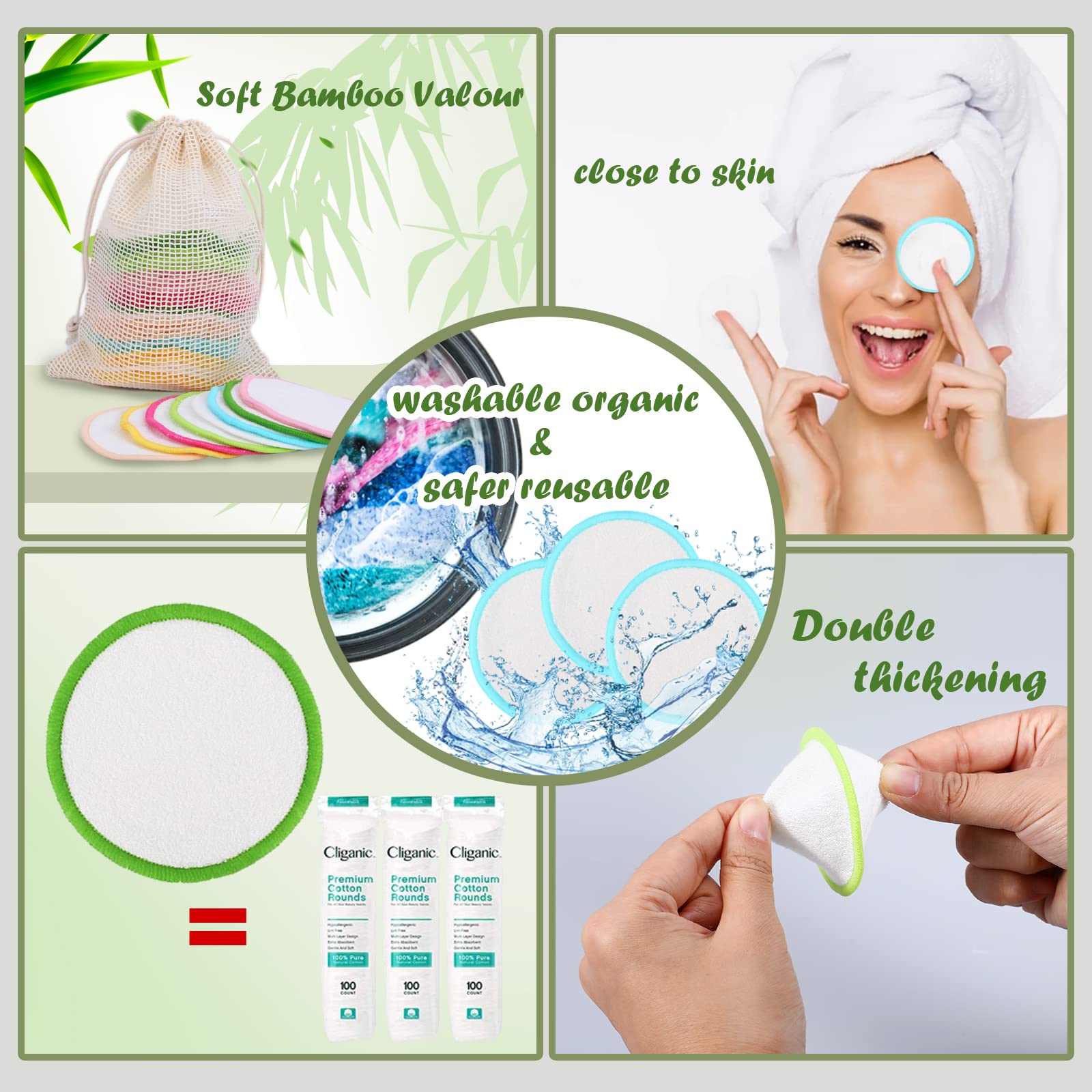 XSEINO Reusable Makeup Remover Pads(40 Pack) with Washable Natural Bamboo Fiber Material,Natural Bamboo Cotton Pad,for All Skin Types