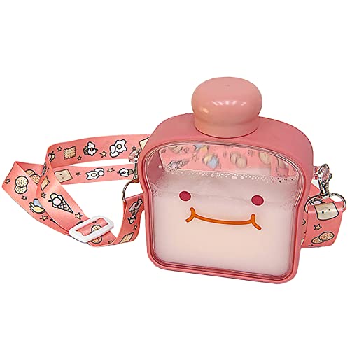 380ml Bread Design Water Bottle, Cute Expression Bread Design Mug Girls Summer Portable Leak-proof Plastic Cup with Strap Pink 380ml