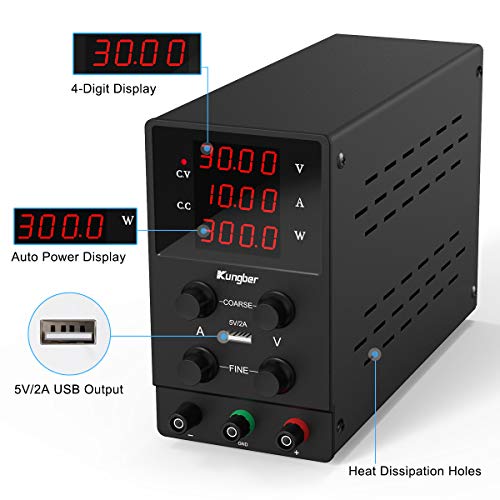 Kungber DC Power Supply Variable, 30V 10A Adjustable Switching Regulated DC Bench Linear Power Supply with 4-Digits LED Power Display 5V/2A USB Output, Coarse and Fine Adjustments with Alligator Leads