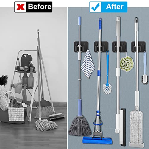 Broom Holder Wall Mount, Screw Drilling & No Drill Sturdy Heavy Duty Stainless Steel Wall Mounted, Broom Organizer Wall Mount with Hooks Hanger, Wall Holder for Bathroom, Garage, Kitchen, Garden