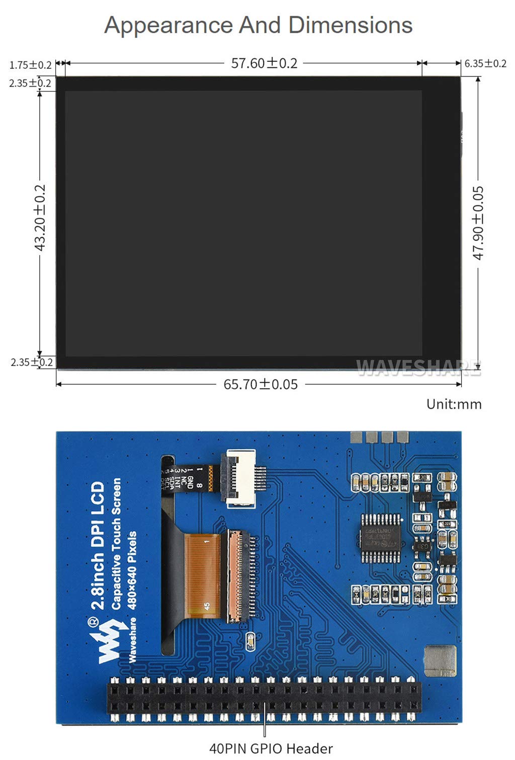 Coolwell Waveshare 2.8inch Capacitive Touch Screen LCD DPI Display for Raspberry Pi, 480×640, IPS Wide Viewing Angle, Fully Laminated Toughened Glass Cover