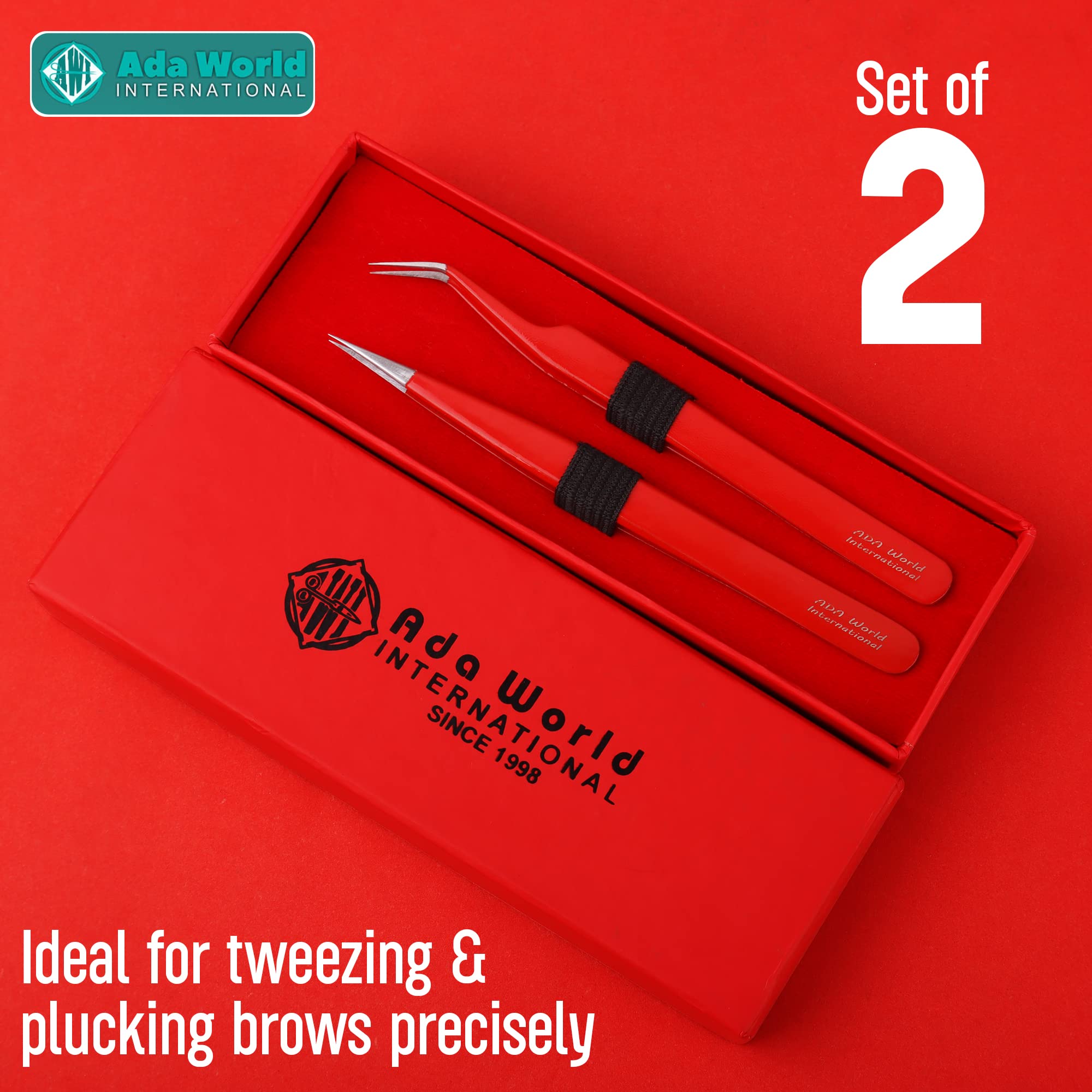 2 PCS Straight and Curved Tip Tweezers Nipper for Eyelash Extensions, RED Stainless Steel False Lash Application Tools