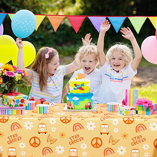 4 Pcs Stay Groovy Tablecloth Retro Hippie Boho Party Table Covers Daisy Flower Bohemian Rainbow Tablecloths Disposable Waterproof Table Cover 60s Theme Birthday Party Decor Supplies (42.5 x 70.8 Inch)