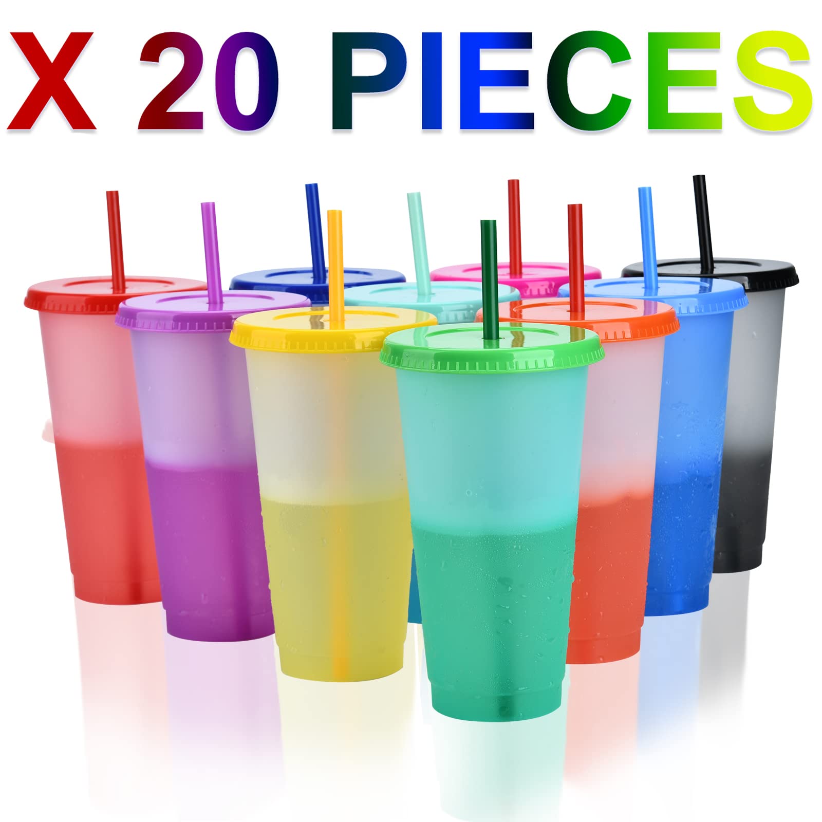 20 Pack Color Changing Cups with Lids and Straws 24 oz Reusable Cups Bulk Tumblers Color Changing Tumbler Cold Cups with Lids Plastic Tumblers Tall Iced Cold Coffee Cups Party Cups for Kids Adults