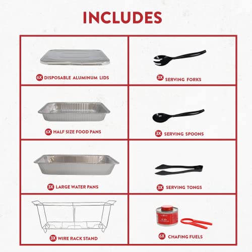 Alpha Living 70027 33-Pcs Disposable Chaffing Buffet with-Covers, Utensils, 6Hr Fuel Cans β Premium Chafing Dish Set for Events, Parties, Catering