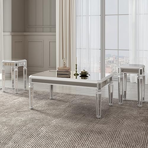 3-Piece Coffee table and End Tables Set,Glass Mirrored Coffee Table with Adjustable Height Legs and Crystal Design,Fashionable Cocktail Table,Easy Assembly Rectangular Glass Coffee Table,Silver
