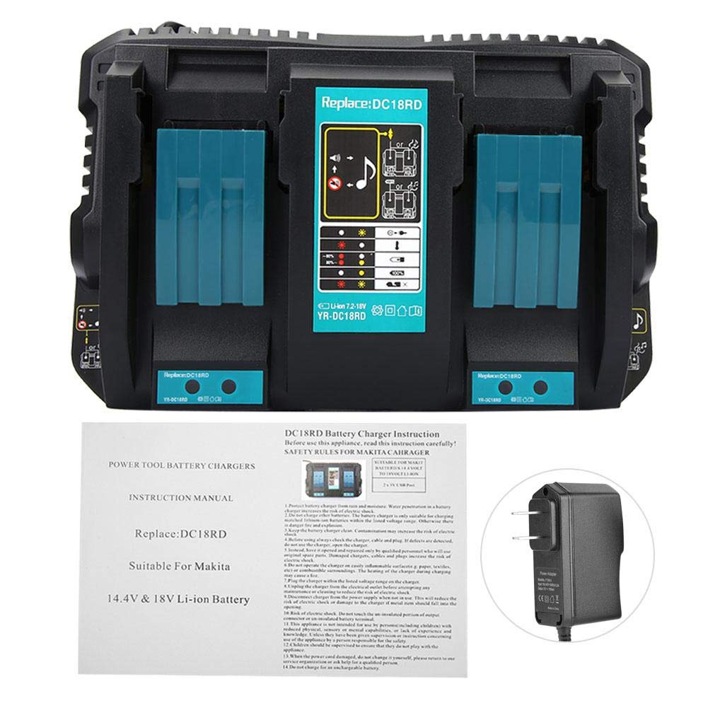 14.4-18V Lithium Battery Charger, Dual Port DC18RD Replacement for MAKITA Li-ion Battery Double Port US Plug 110V