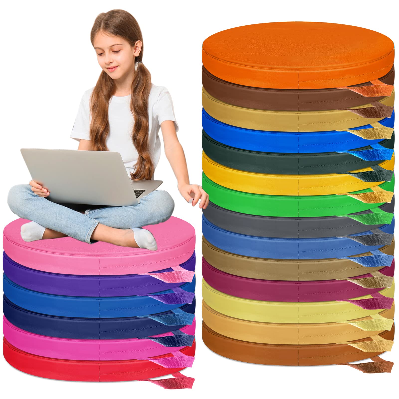 20 Pack Round Floor Cushions for Classroom 15 Inch Flexible Seating with Handles Colored Students Floor Foam Seating Cushions for Kids Adults Daycare School Kindergarten Home Office Chair Supplies