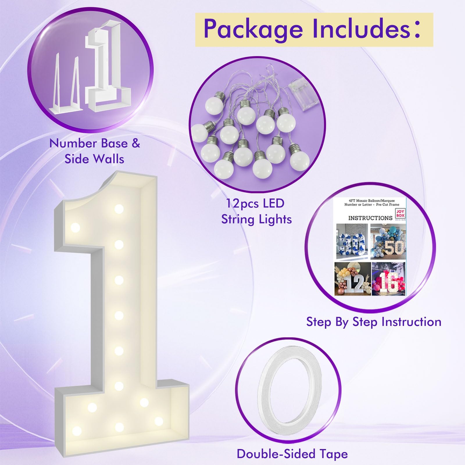 4FT Light Up Numbers Pre-Cut Frame Giant Marquee Numbers 1, Mosaic Numbers for Balloons, First 1st 21st Birthday Anniversary Decorations Party Decor