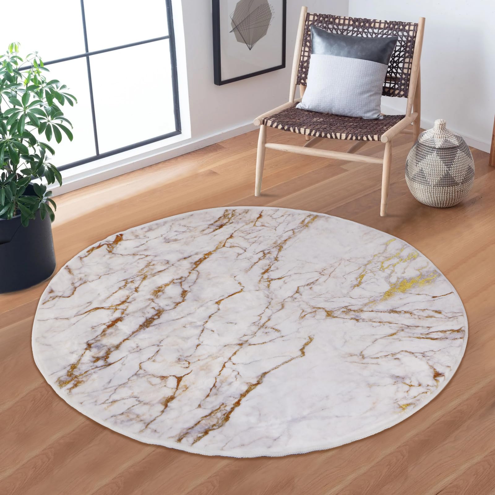 4Ft Soft Circle Rug - White and Gold Marble Pattern Round Area Rug, Washable Round Entryway Carpet with Non-Slip Rubber Backing - Ideal for Bedroom and Kids Room