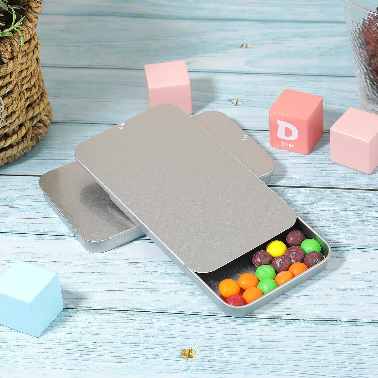 3Pcs Metal Box Containers Empty Slide Top Small Metal Containers 5.5 by 3.34 by 0.47 Inch Rectangular Storage Box Containers for Candies Jewelry Crafts Pills Survival Kit (Silver)