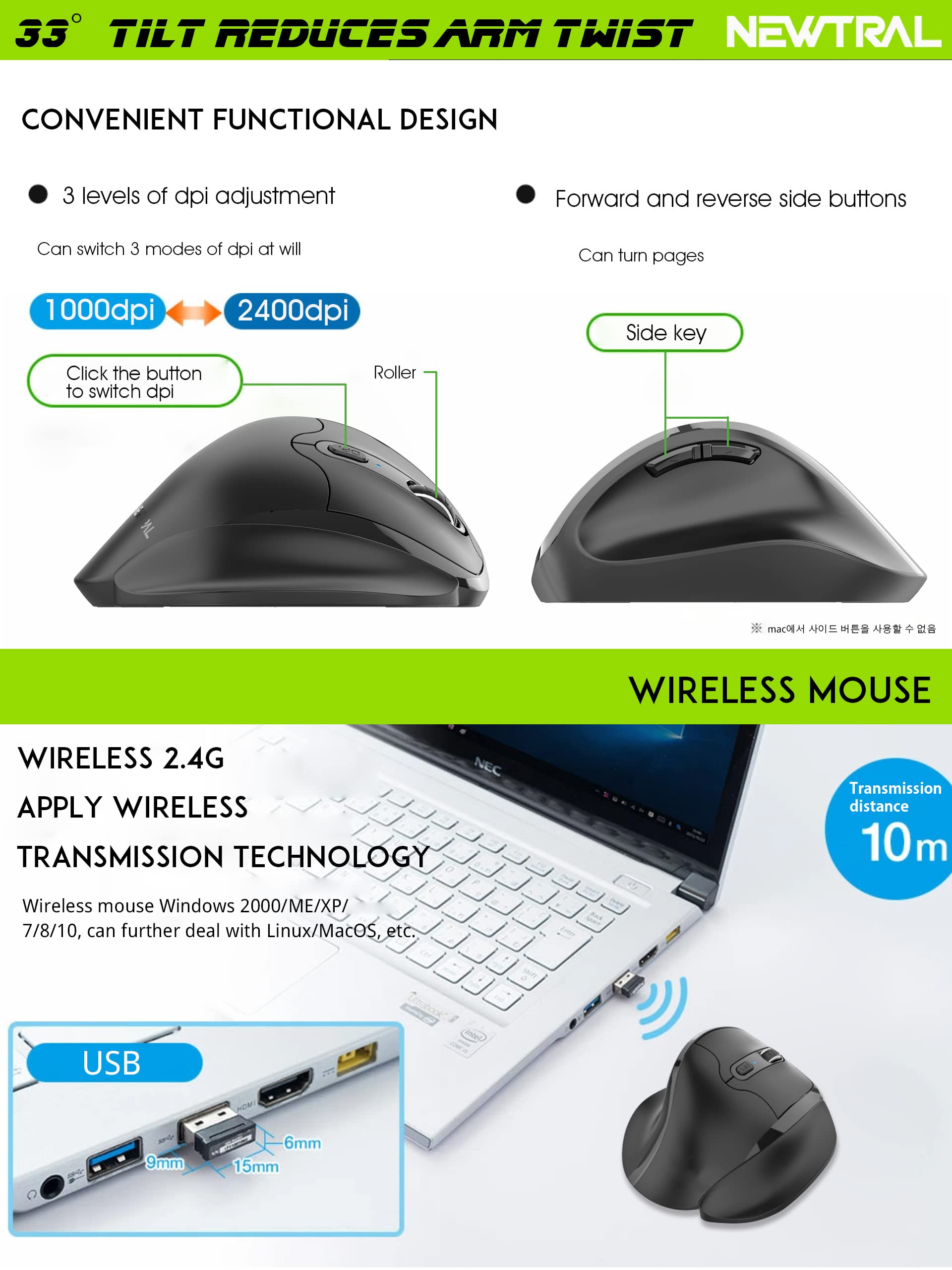 Censi Newtral Ergonomic Mouse,Vertical Wireless Mouse - 2.4GHz Optical Vertical Mice : 3 Adjustable DPI 800/1200/1600 Levels, for Laptop, PC, Computer,Notebook etc,