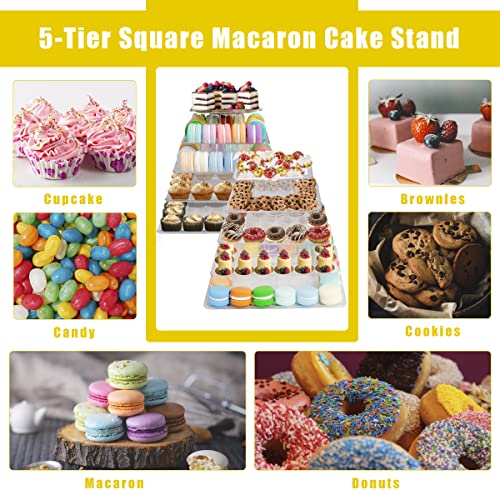 5 Tiers Square Macaron Tower Stand, Plastic Transparent Cake Stand Macaroon Display Rack Desserts Cupcake Holder Platter for Wedding, Birthday Party, Baby Shower, Party Decor by Greatstar