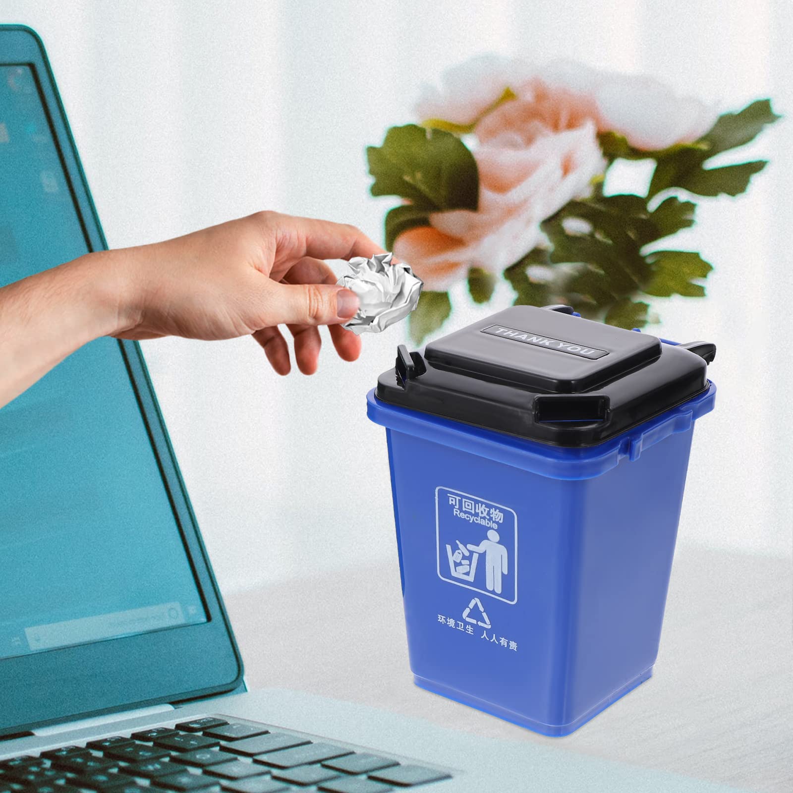 2PCS Mini Curbside Trash and Recycle Can Set/Pencil Cup,Creative Dust Bin Supplies Holder(Blue + Green)