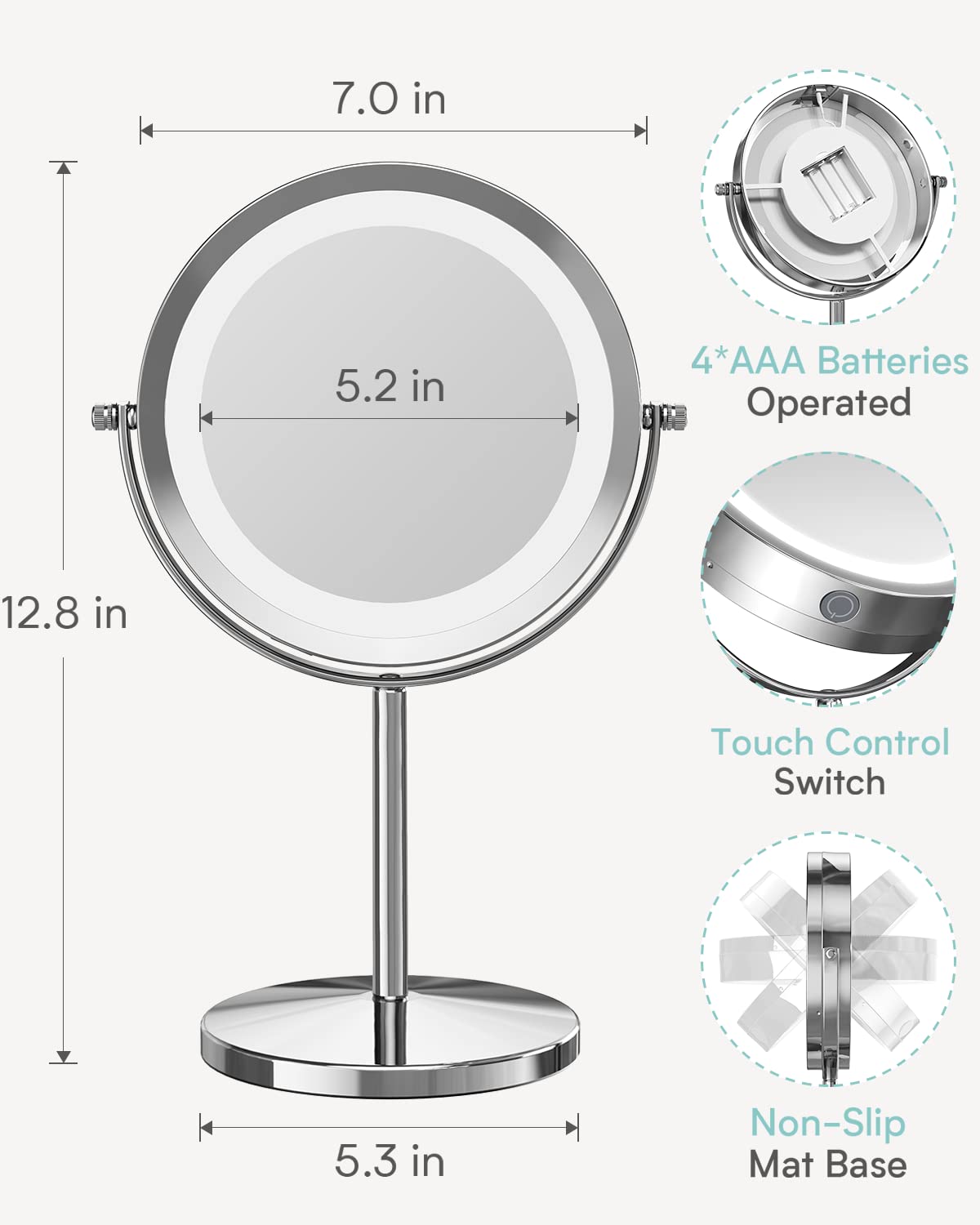 Benbilry Lighted Makeup Mirror with Lights and Magnification 10X/1X, Double Sided 360° Swivel 7" LED Dimmable Vanity Mirror with Touch Control Switch, Battery Operated Cordless Standing Shaving Mirror
