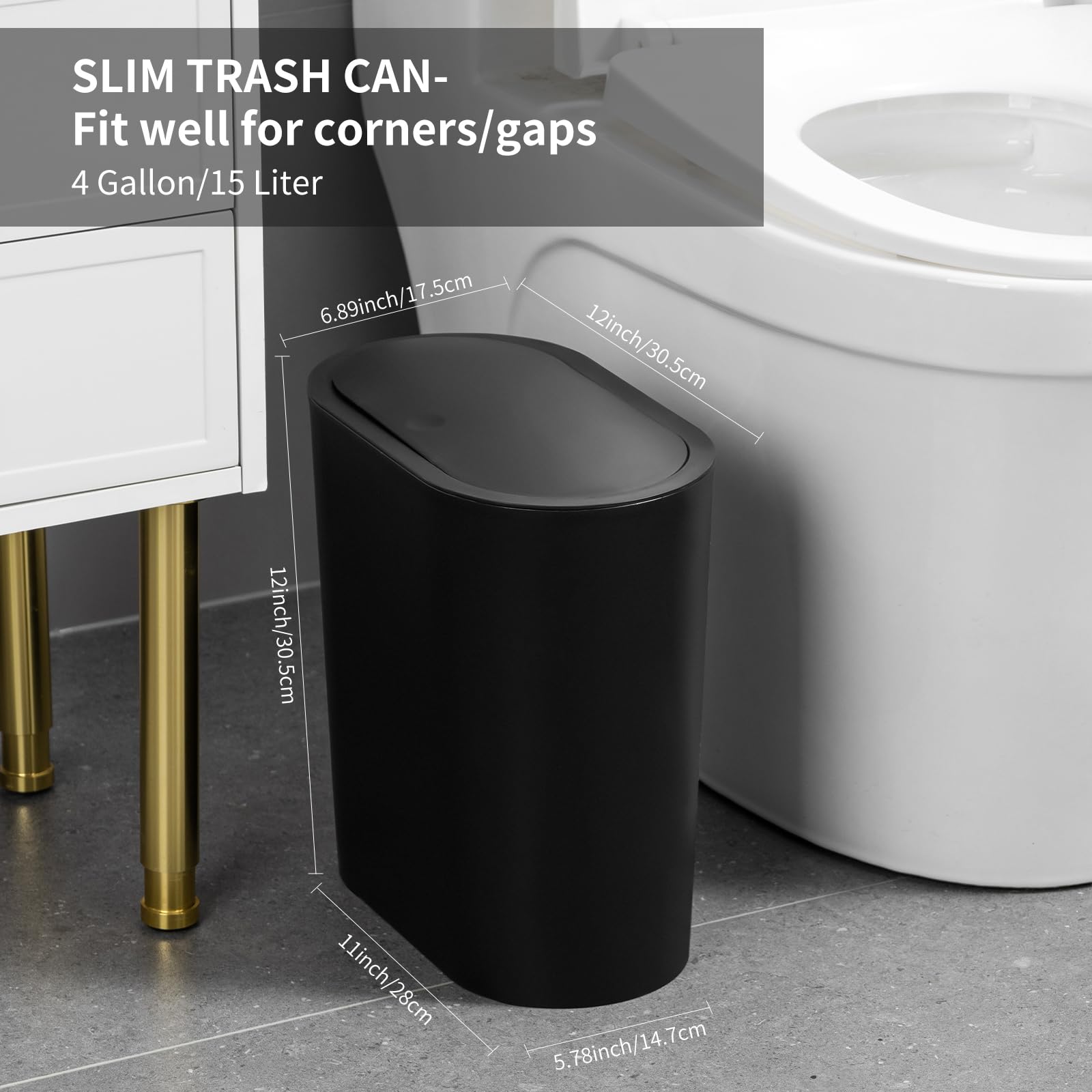 2 Pack Bathroom Trash Can with Lid, 4 Gallon/15L Narrow Garbage Can with Press Top Lid, Covered Trash Bin, Plastic Trashcan Slim Waste Basket for Kitchen, Bedroom, Office, Craft Room, Laundry, Black