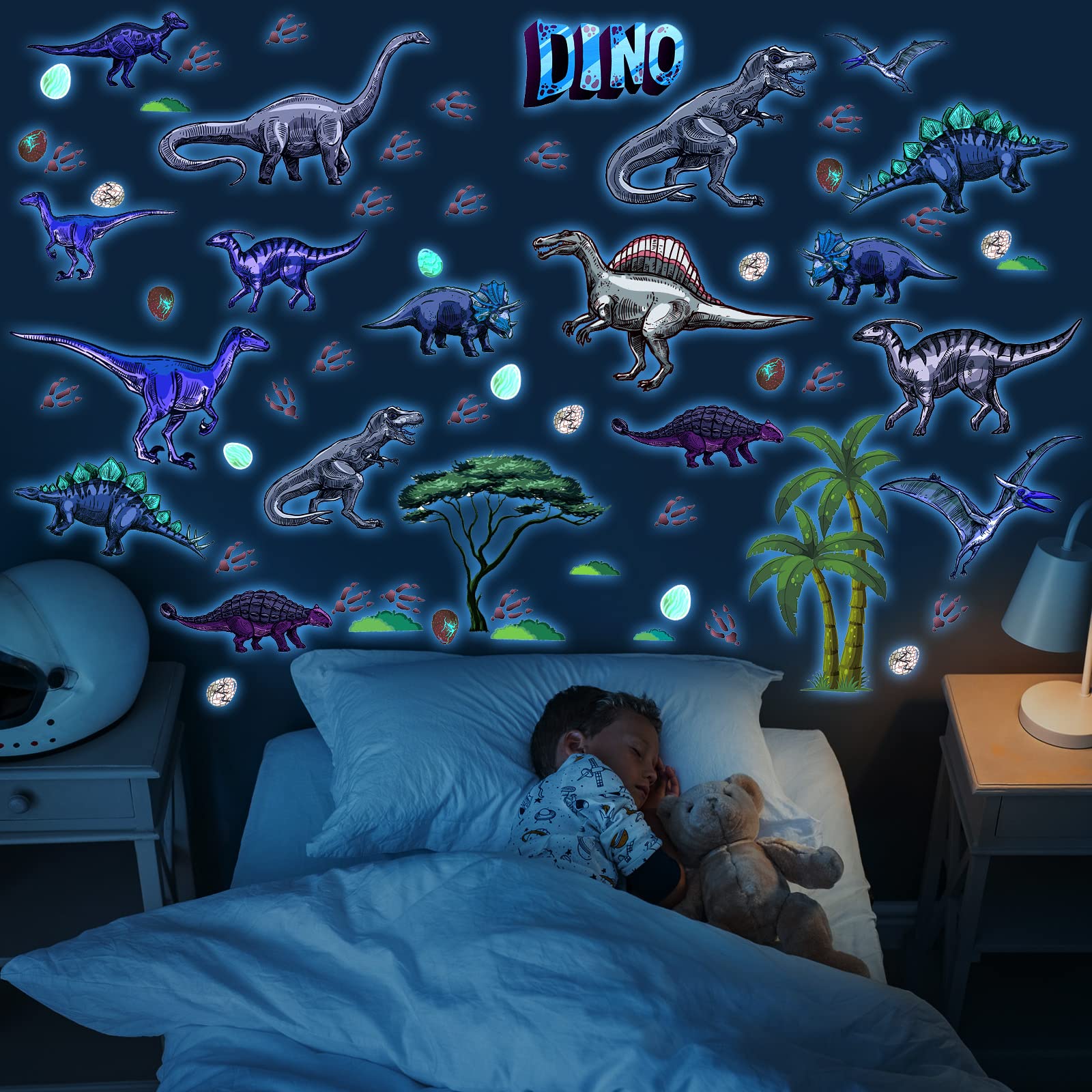 Zonon 114 Pcs/ 4 Sheet Glow in The Dark Dinosaurs Stickers for Waterproof Glowing Dinosaur Wall Decals Large Removable Glow Wall Decor for Boy Bedroom Ceiling Kid Nursery Playroom(Blue Glow)