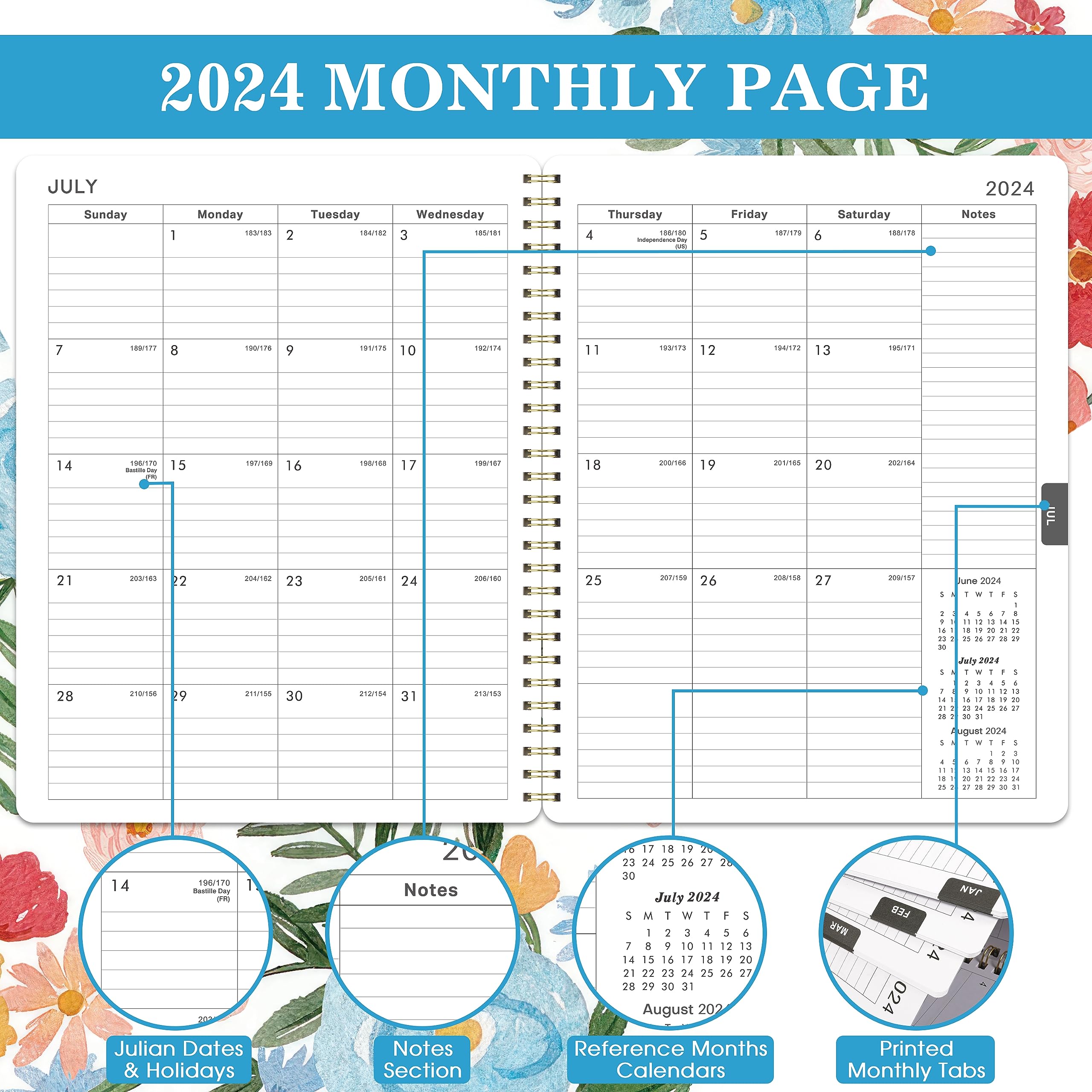 2024 Planner - 2024 Planner Weekly and Monthly, Jan 2024 - Dec 2024, 8" x 10", 2024 Calendar Planner with Printed Tabs, Flexible Cover, Premium Paper, Holidays, Twin-wire Binding, Perfect Organizer