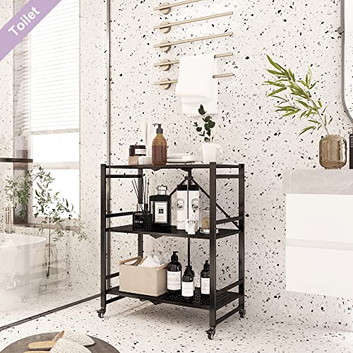 CuHome 3-Tier Foldable Storage Shelves with Wheels, Metal Folding Organizer Rack, Collapsible Shelves Heavy Duty Shelving Units for Kitchen Garage (3-Tier)