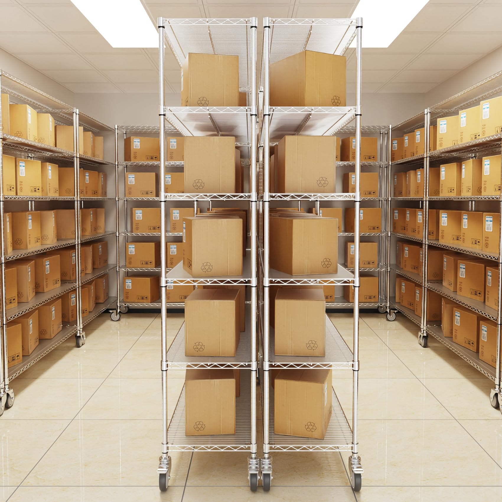 6 Tier 6000lbs Metal Shelf Wire Shelving Unit, Heavy Duty Adjustable Storage Rack with 5in Wheels and Shelf Liners - 18" D x 60" L x 87.5" H - Chrome