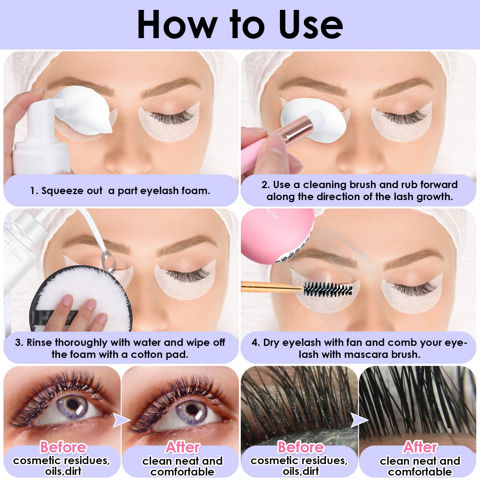 150ml/ 5.07 fl. oz Eyelash Extension Cleanser with Eyelash Fan Dryer, Lash Shampoo for Extension with Makeup Remover Pad Cleaning Brush, Paraben Sulfate Free Eyelash Shampoo for Salon Home Use