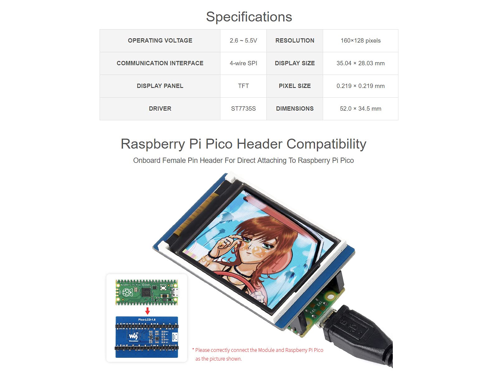 Waveshare 1.8inch LCD Display Module for Raspberry Pi Pico 65K RGB Colors 160×128 Pixels SPI Interface Comes with Raspberry Pi Pico C/C++ and MicroPython Demo