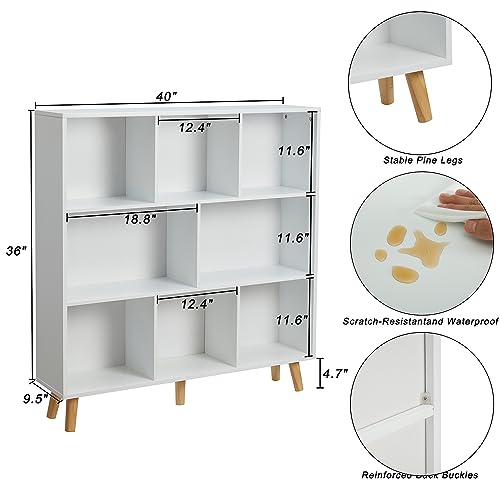 3-Tier Bookshelf, 8-Section Wooden Bookcase, Storage Organizer with Pine Legs, Modern Storage Display Cabinet for Living Room, Classroom, Kid’s Room (White)