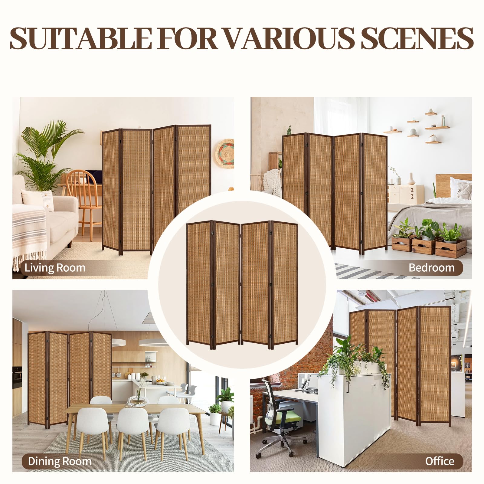 HALLYBEE Room Divider, Room Dividers and Folding Privacy Screens Privacy Screen, Divider for Room Separation Partition Room Dividers, 16" Screen 5.6FT Bamboo Wall 4 Panel, Brown with Brown Frame