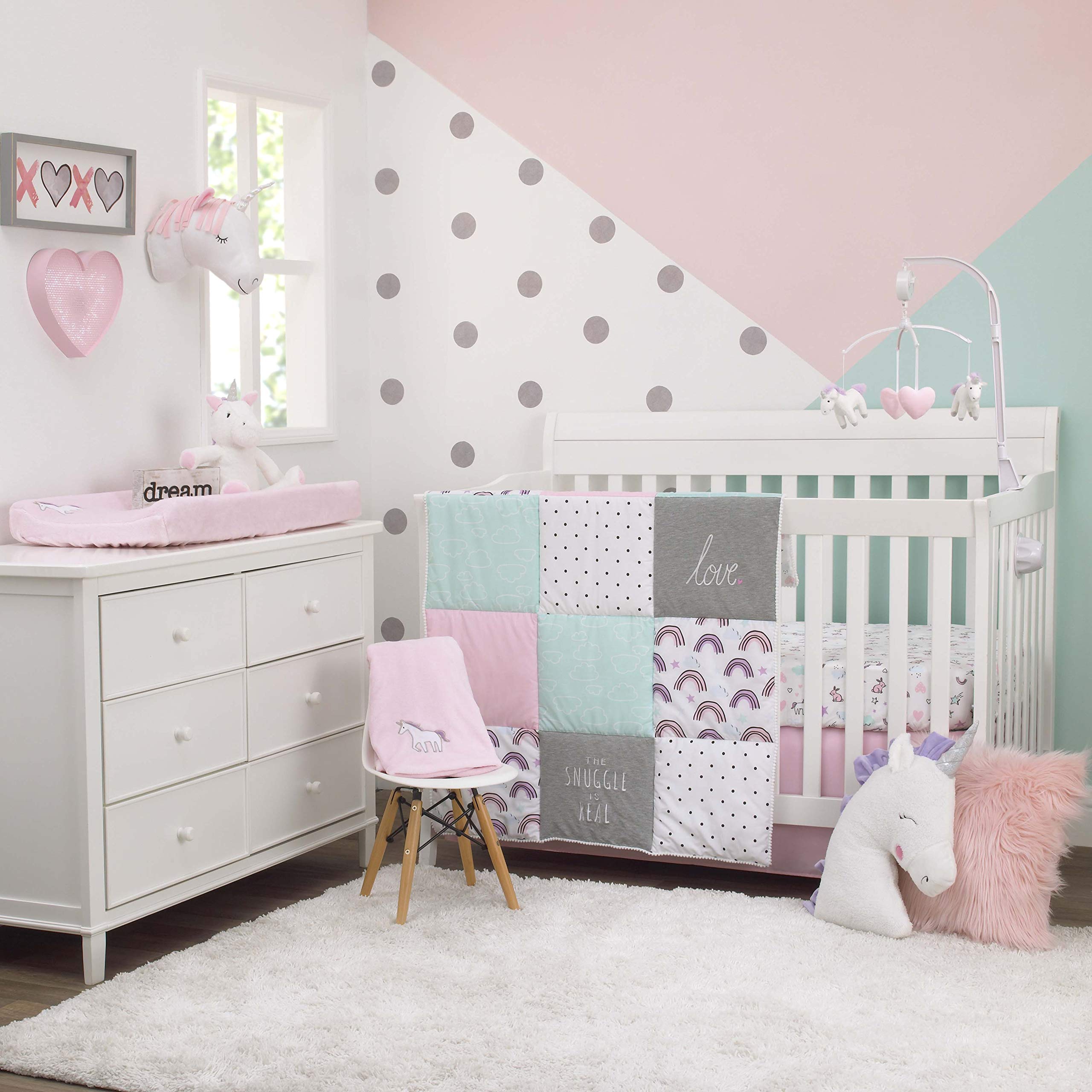 Carter's Unicorn Snuggles Pink, Aqua, Grey 4Piece Nursery Crib Bedding Set - Comforter, 100% Cotton Crib Sheet, Dust Ruffle, Changing Pad Cover, Pink, Aqua, Grey,