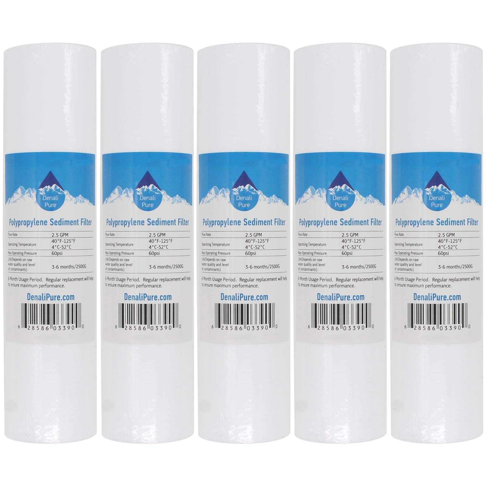 5-Pack Replacement for OmniFIlter U25 Polypropylene Sediment Filter - Universal 10-inch 5-Micron Cartridge Compatible with OmniFilter Water Filter Unit - Model U25 - Denali Pure Brand
