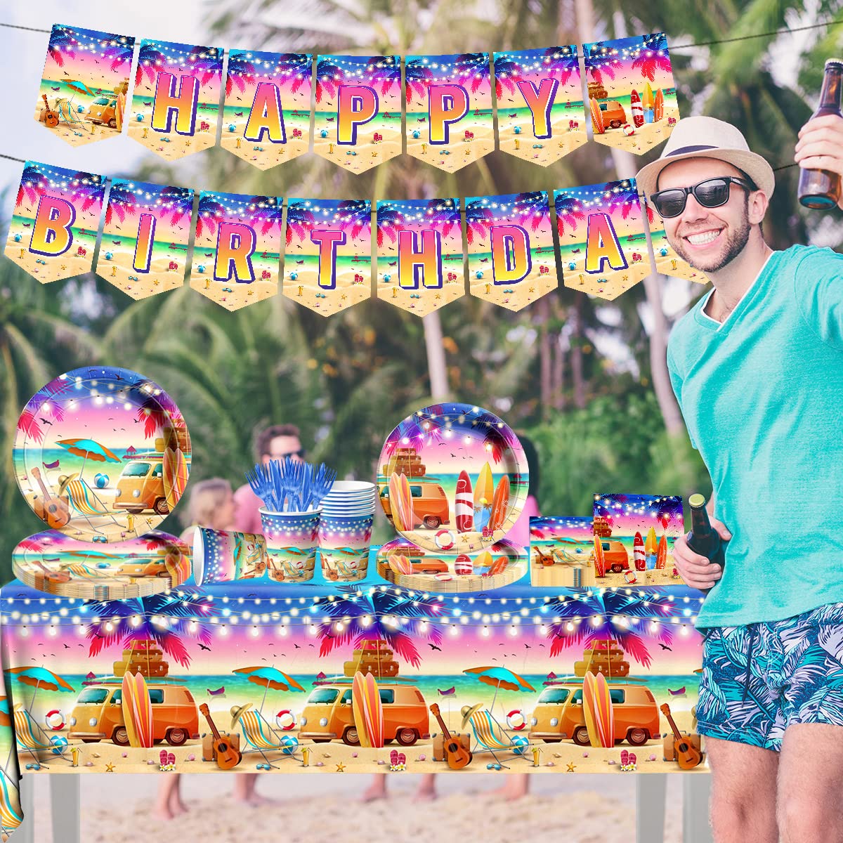 142pcs Sunset Beach Summer Tableware Set Beach Theme Party Decorations Palm Leaves Tropical Beach Banner,Tablecloth,Cups,Plates Napkins,Forks and Knives for Hawaiian Party,Swimming Pool Party,Birthday