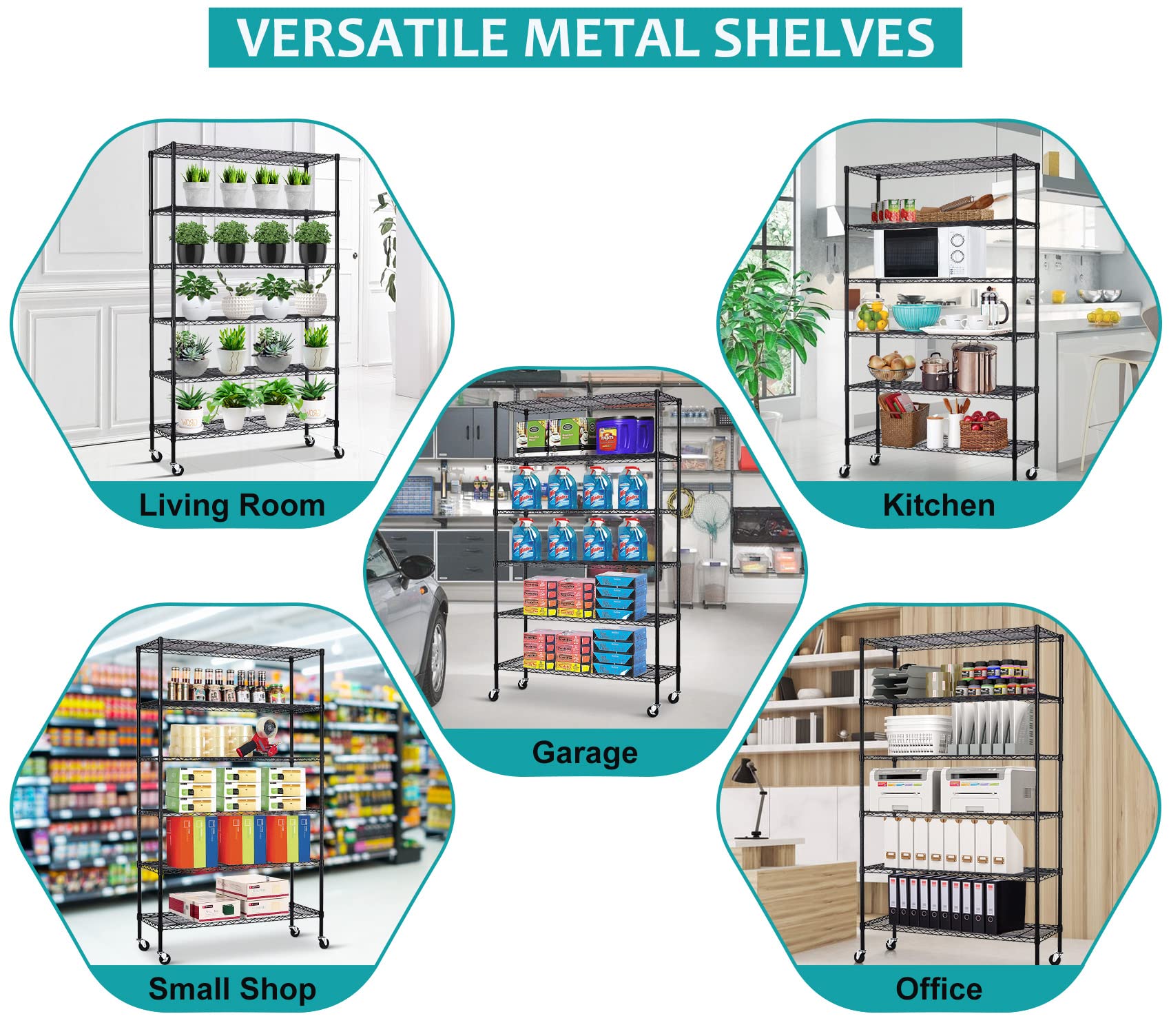 6 Tier Wire Shelving Unit Rack, NSF Heavy Duty Height Adjustable Storage Shelf Metal Shelving with Wheels/Feet Levelers for Garage Rack Kitchen Rack Office Rack Commercial Shelving - 18"x48"x82" Black