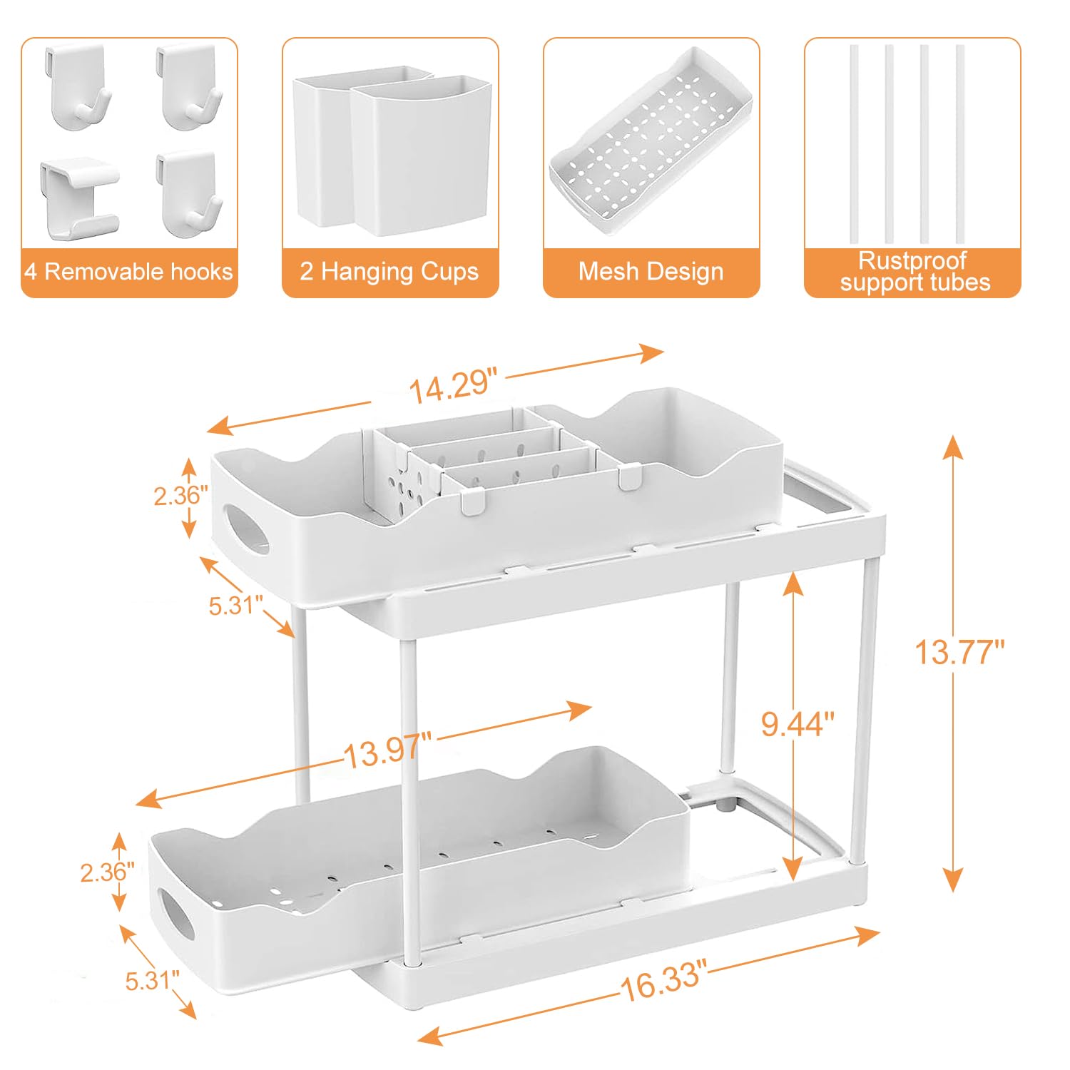 2 Pack Double Sliding Bathroom Cabinet Organizer, 2 Tier Under Sink Organizers w. Drawers & Storage, Baskets w. 8 Hooks & 4 Hanging Cups, Under Sink Storage for Kitchen Bathroom