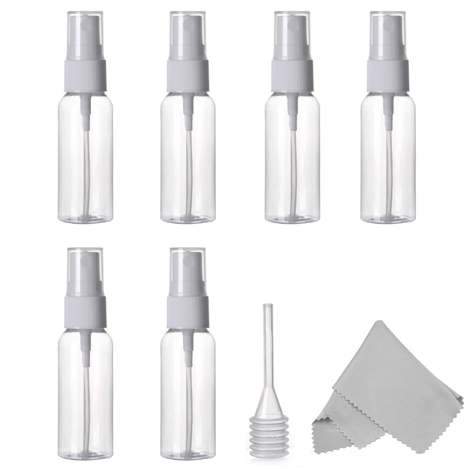 ALINK Spray Bottle, Empty Plastic Clear Small Travel Bottles with Fine Mist Sprayer for Cleaning Solutions and Essential Oils, 30 ml (1 oz.) Pack of 6 Plus Cleaning Cloth and Dropper