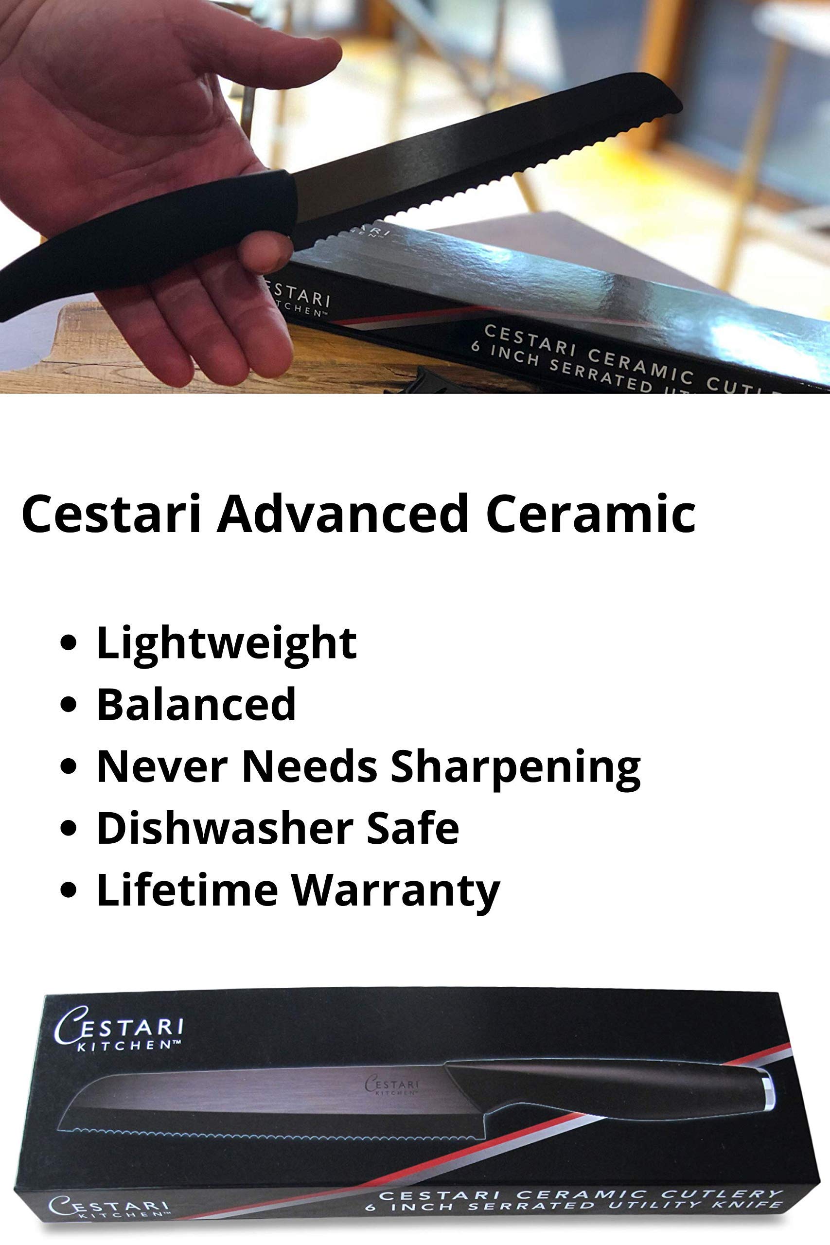 Cestari Bread Knife Bundle 6 inch Advanced Ceramic Knife for Slicing Homemade Bread and Bench Knife for Preparing Dough