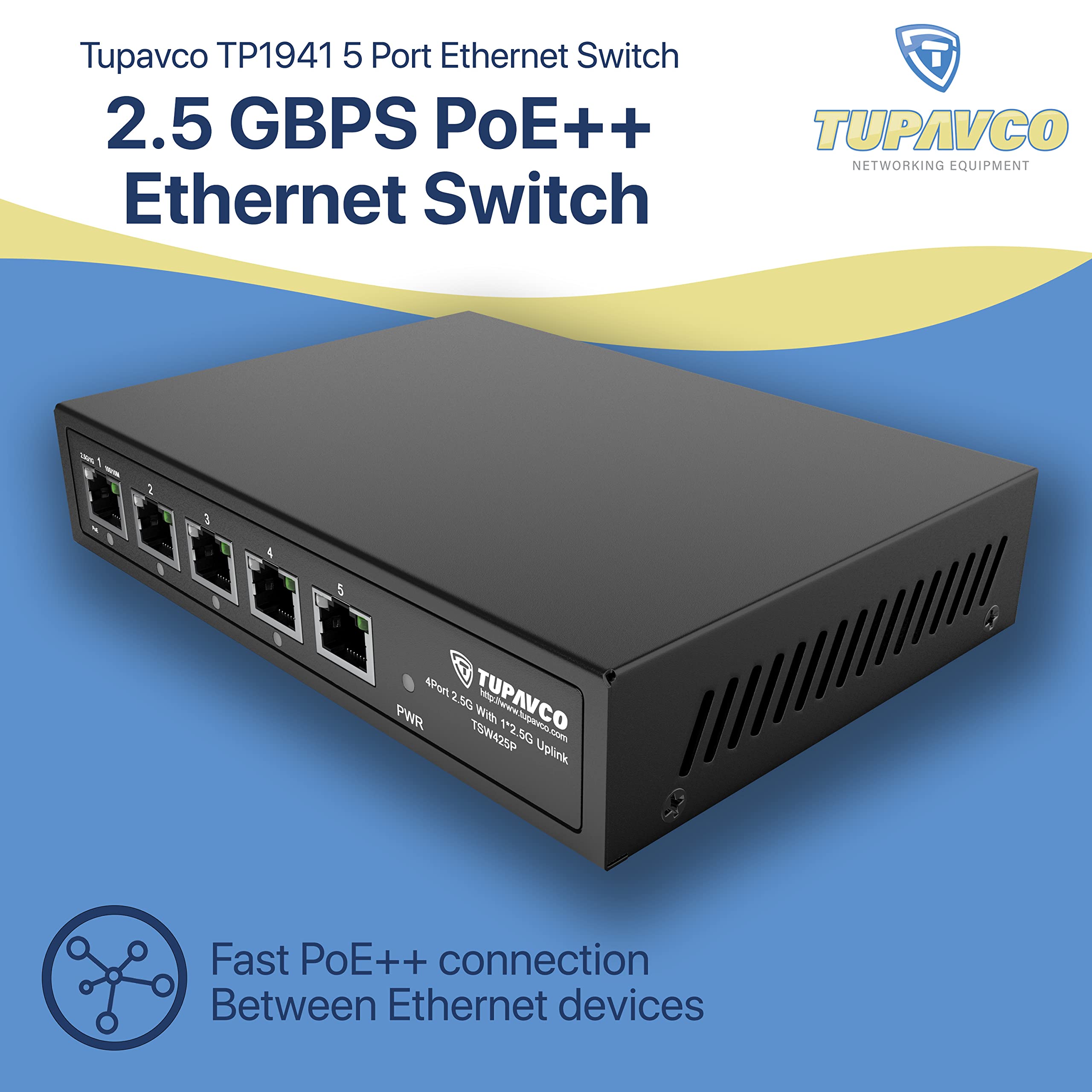 2.5GB Switch (5 Port) for Ethernet Network - High Speed 10M/100M/1G/2.5G Gigabit (802.3bz) - Unmanaged Plug & Play Fanless LAN Splitter - Metal Case - Wall Mountable - Tupavco TP1940