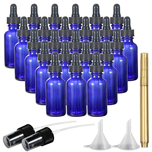 Ruckae Set of 24,1 oz Dropper Bottles with 2 Extra Fine Mist Sprayers, Funnel and Pen- 30ml Thick Cobalt Blue Glass Tincture Bottles with Eye Droppers - Leakproof Essential Oils Bottles