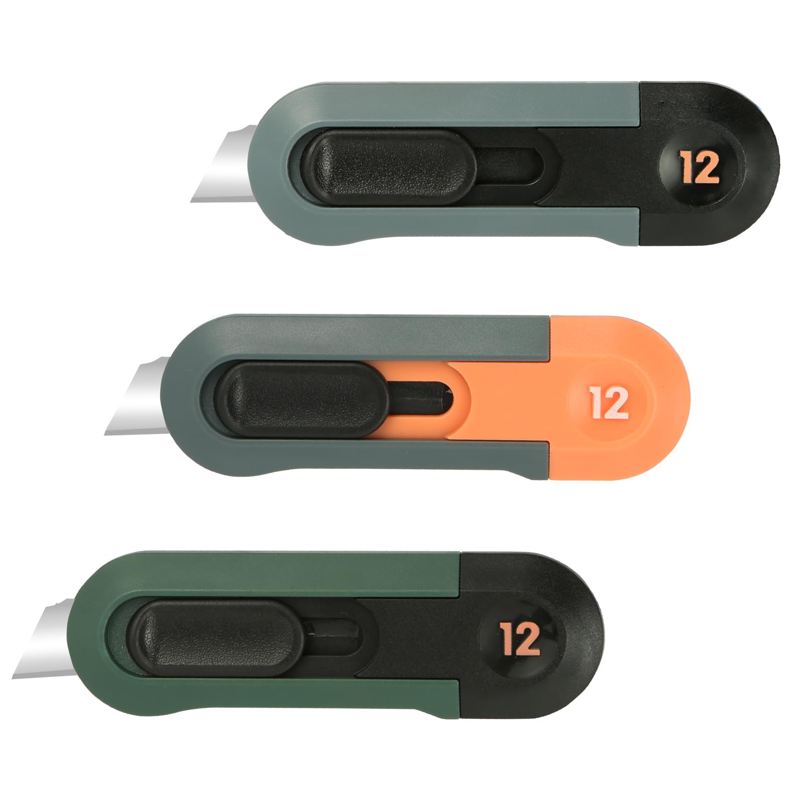 3pcs Utility Knife Box Cutter Mini Box Cutters Sharp Box Cutter Retractable for Office and Home Use(black、greener、orange)