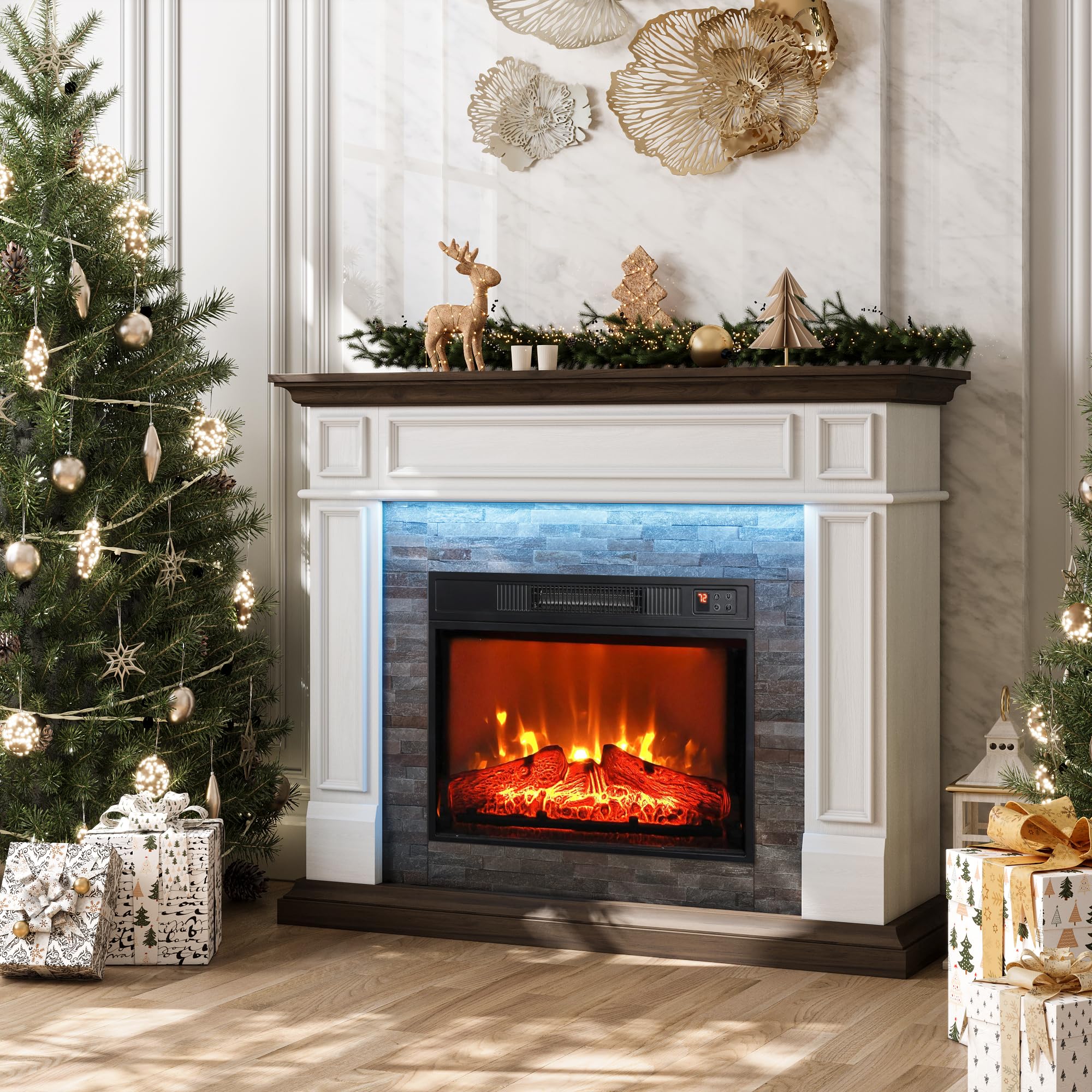 44 Inches LED Electric Fireplace with Mantel, Portable Freestanding Wood Stove Heater, Realistic 3D Dancing Flame LED Effect and Stacked Stone Surround, Remote Control Timer for Living Room