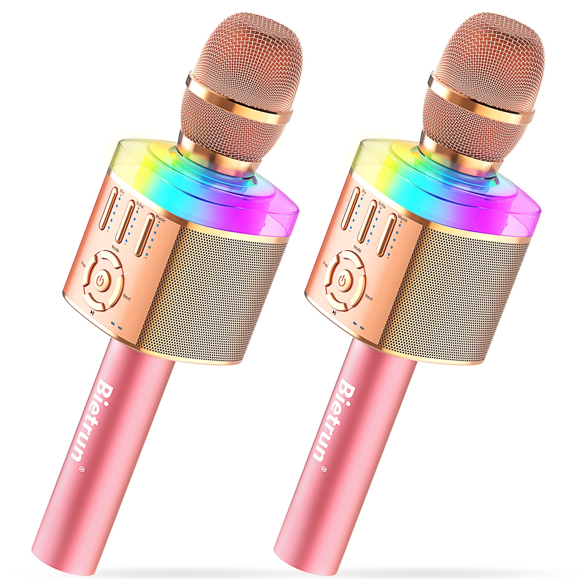 2 Pack Bluetooth Karaoke Microphone PMPO 20W, Portable Wireless Metal Handheld Cordless Dynamic Mic with RGB Lights, 8hrs Work Time,