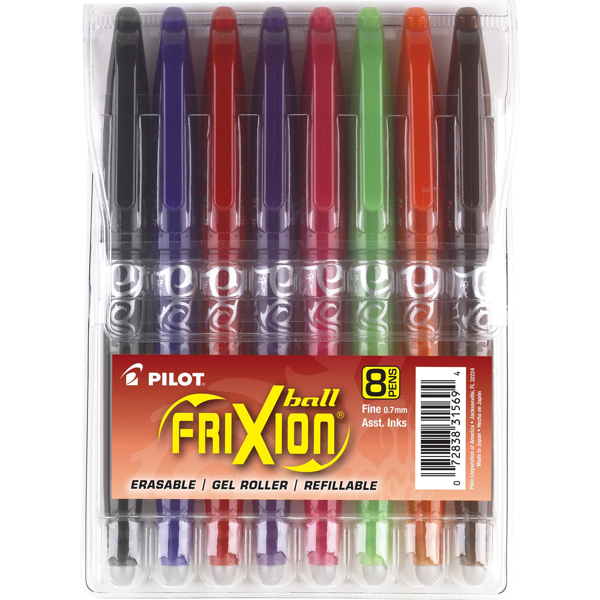 PILOT Pen 31569 FriXion Ball Erasable & Refillable Gel Ink Stick Pens, Fine Point, Assorted Color Inks,8 Count (Pack of 1) Pouch