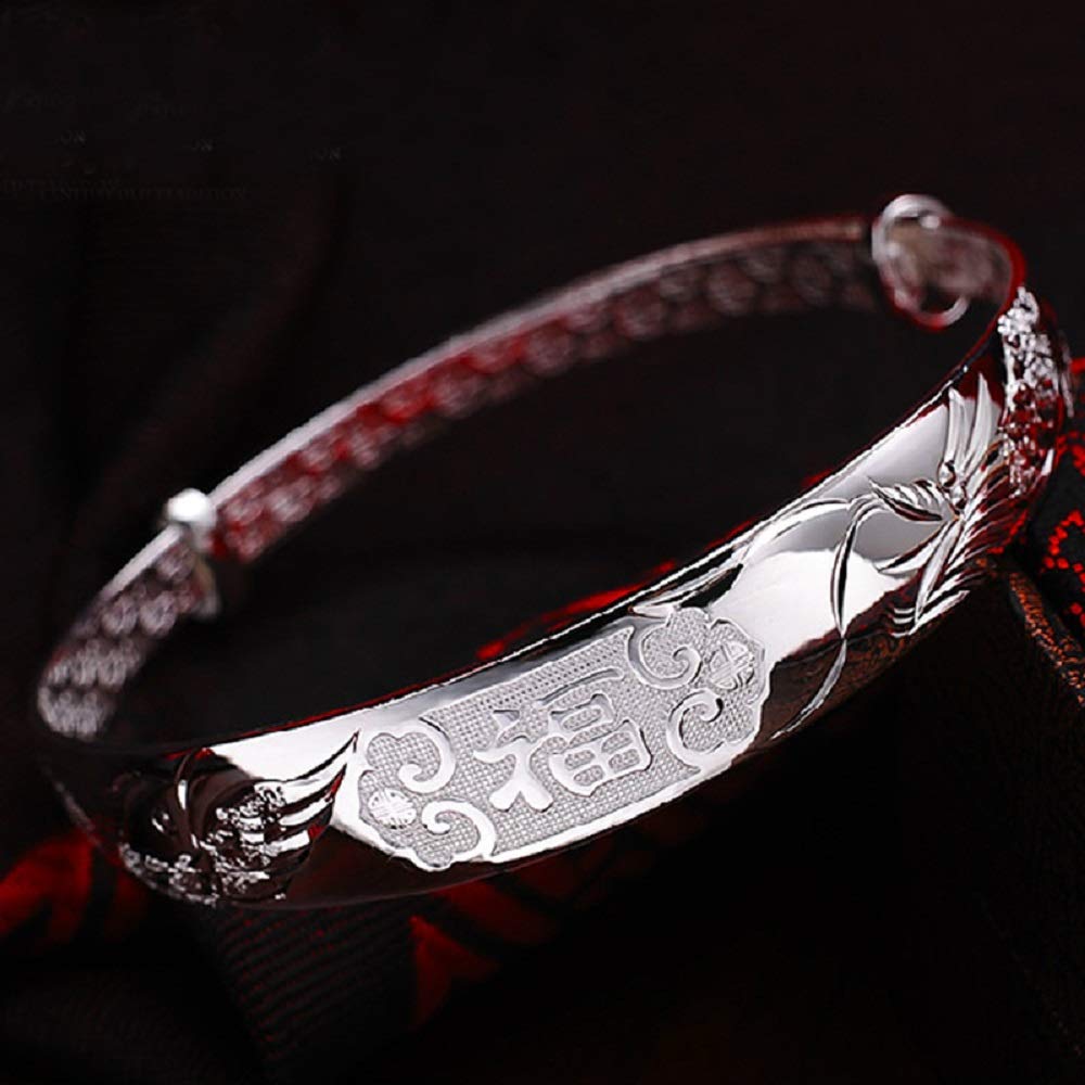 ABIRTE Women's 999 Solid Sterling Silver Chinese Dragon Phoenix Carved Adjustable Bangle Bracelet 15g Weight for Women,Ladies and Elder.