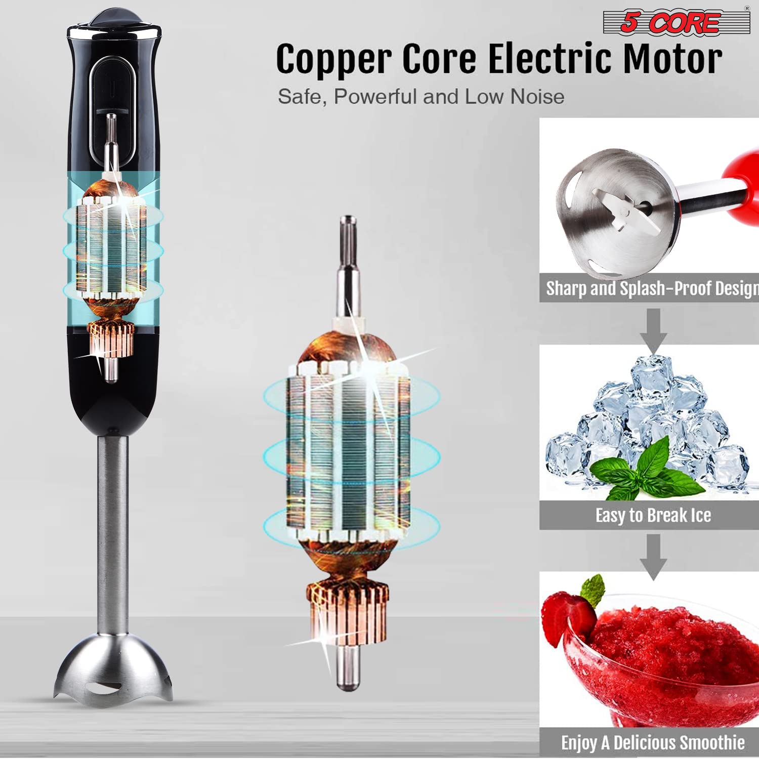5 Core Immersion Blender Handheld Electric Whisk Hand Blender 8-Speed 500W Hand Held Stick Blender with Food Grade Stainless Steel Blades for Perfect for Smoothies Puree Baby Food Soup