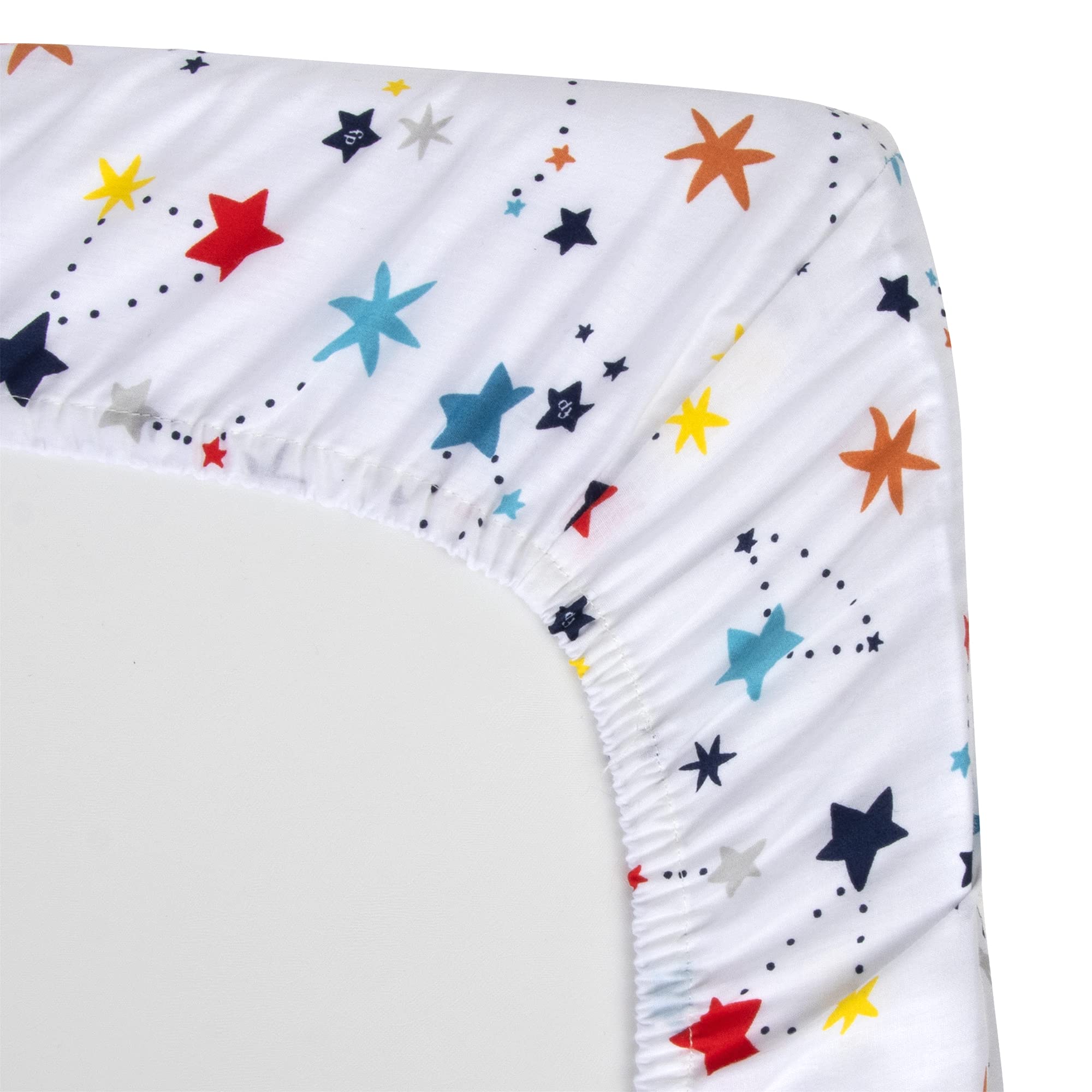 Fisher Price Space Explorer Fitted Crib Sheet Cotton Stars, Space Themed Nursery Bedding 28 x 52โ Fitted Crib Sheet for Standard Crib Mattress